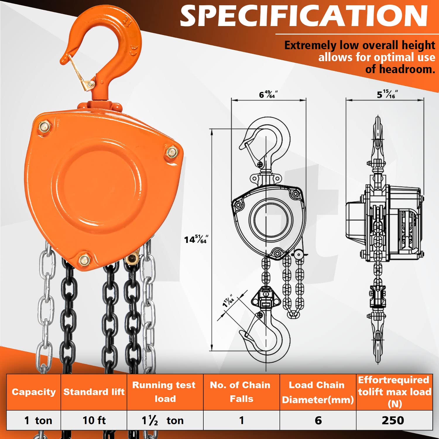 YATOINTO Chain Hoist 1 Ton(2200Lbs) Capacity 10FT Manual Hand Lift ...