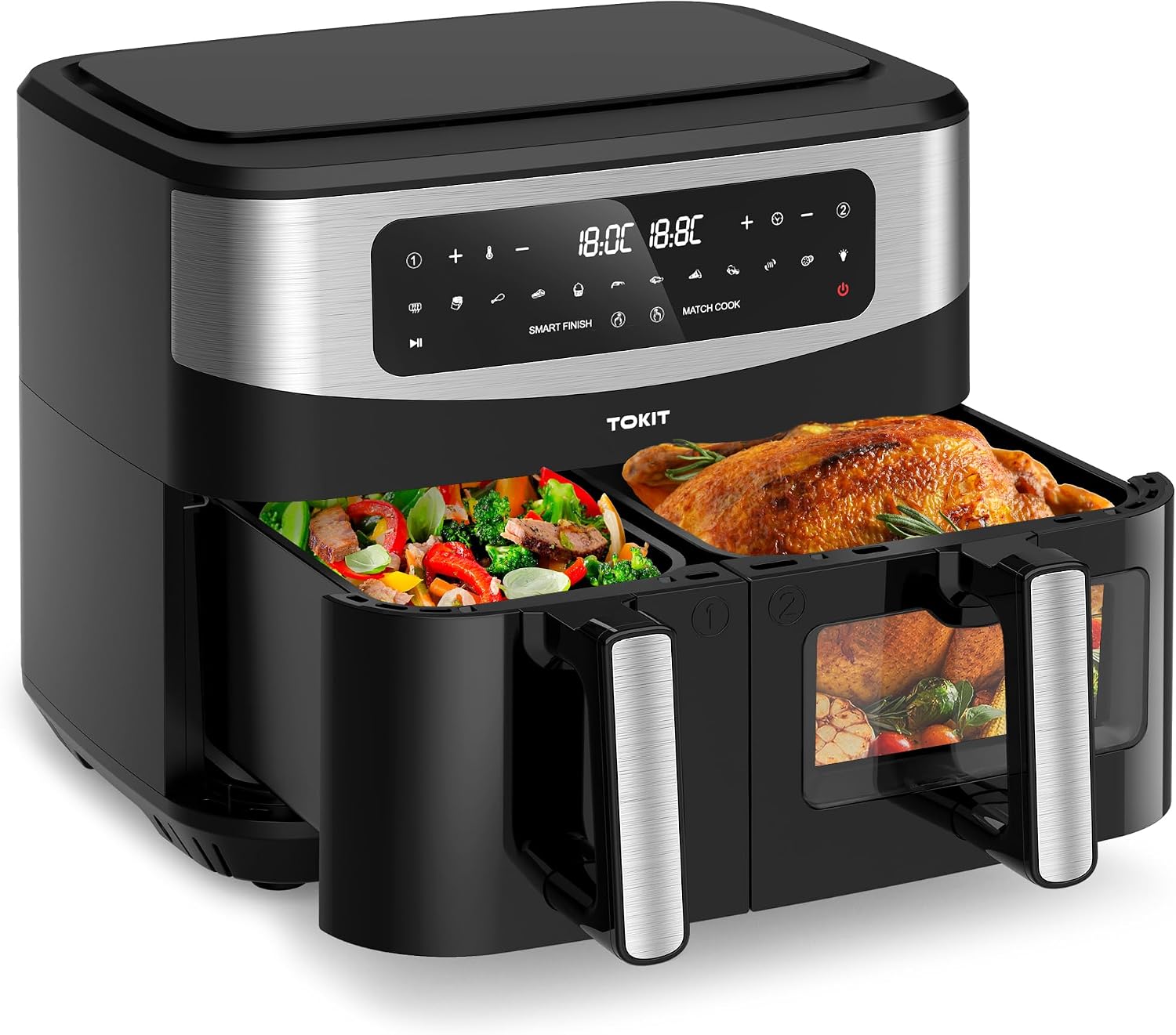 TOKIT Friteuse À Air Double Panier 10 L (4 L X 6 L), XXL Double Zone ...