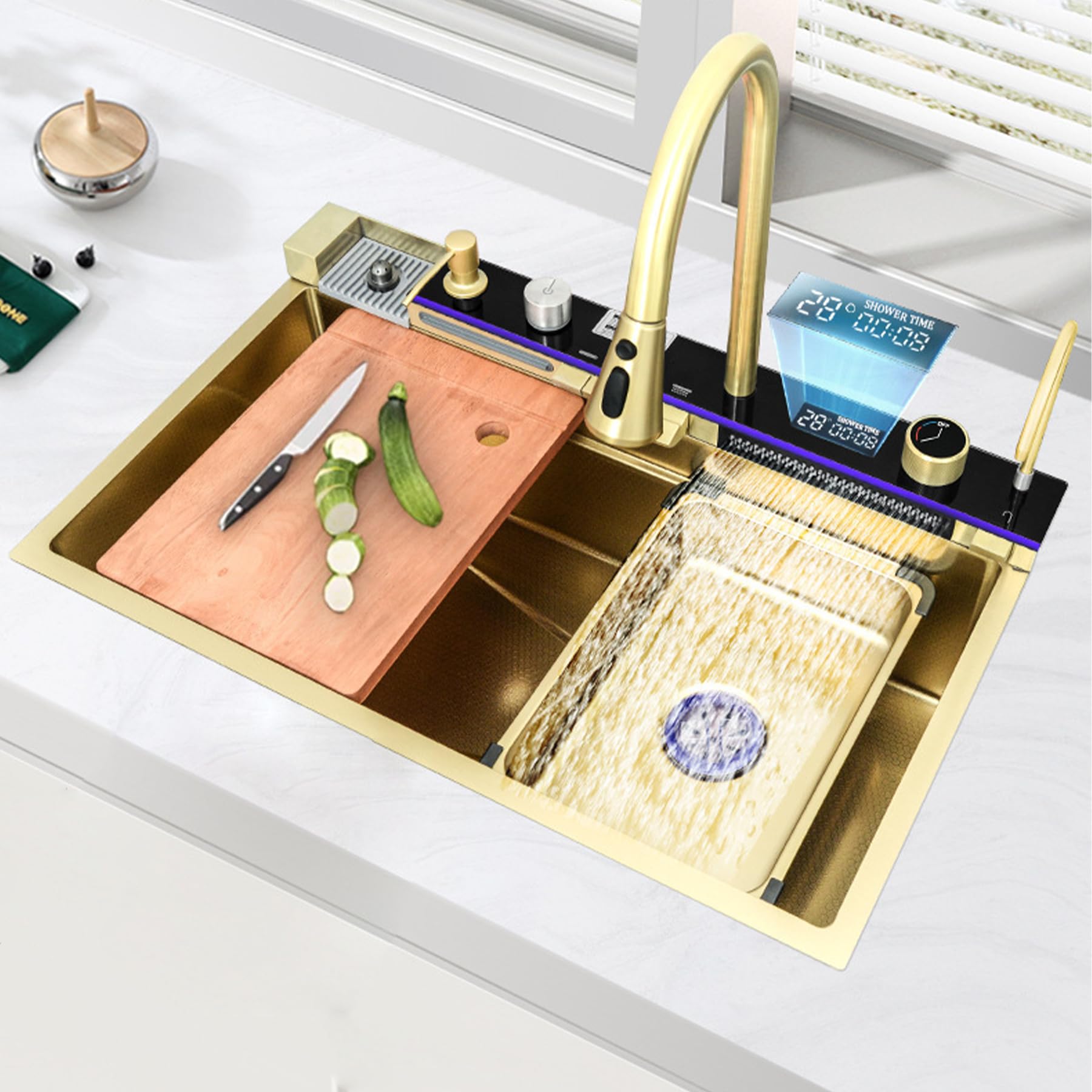 Waterfall Kitchen Sink, 29.5" Gold Smart Drop In Kitchen Sink Modern ...