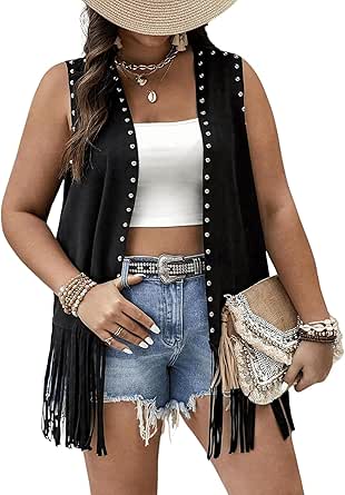 Women Tassel Vest 70s Hippie Faux Suede Rivets Sleeveless Fringe Waistcoat Jacket Open Front ...