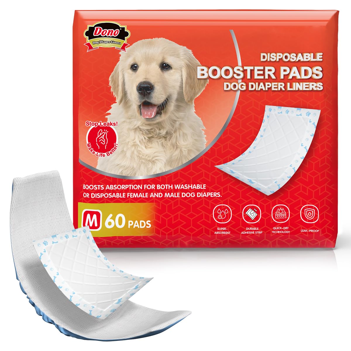 Dog Booster Pads Dono Dog Diaper Liners 80 Count - Super Absorbent ...