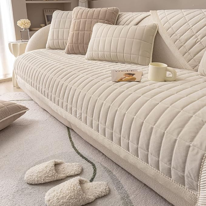 Amazon.com: vctops Velvet Plush Plaid Quilted Sofa Cover Super Soft Non ...