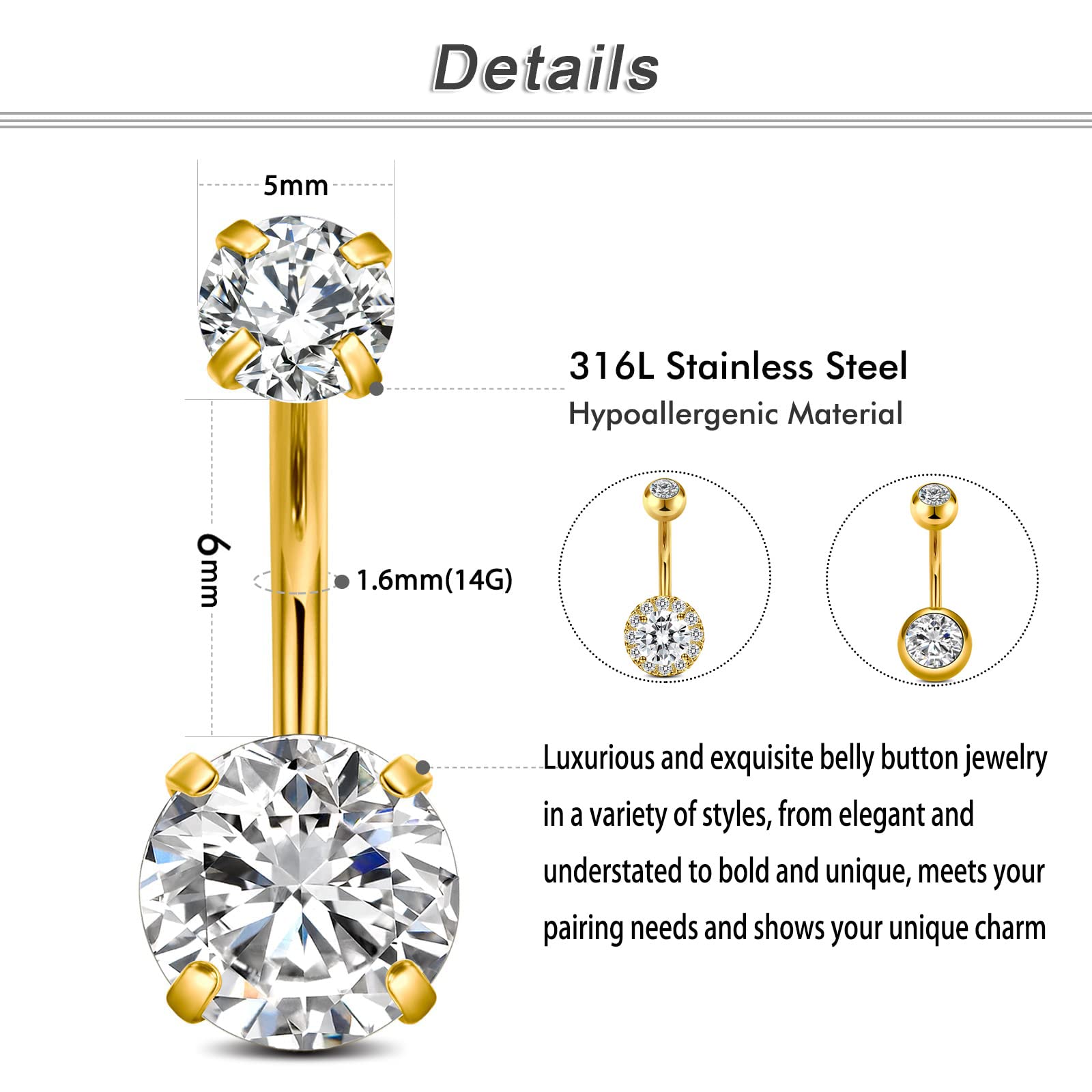 Snapklik.com : 14G Belly Button Rings, Stainless Steel Heart Diamond ...