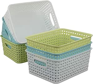 Qskely Set of 6 Plastic Woven Storage Baskets, Weave Cupboard Basket ...