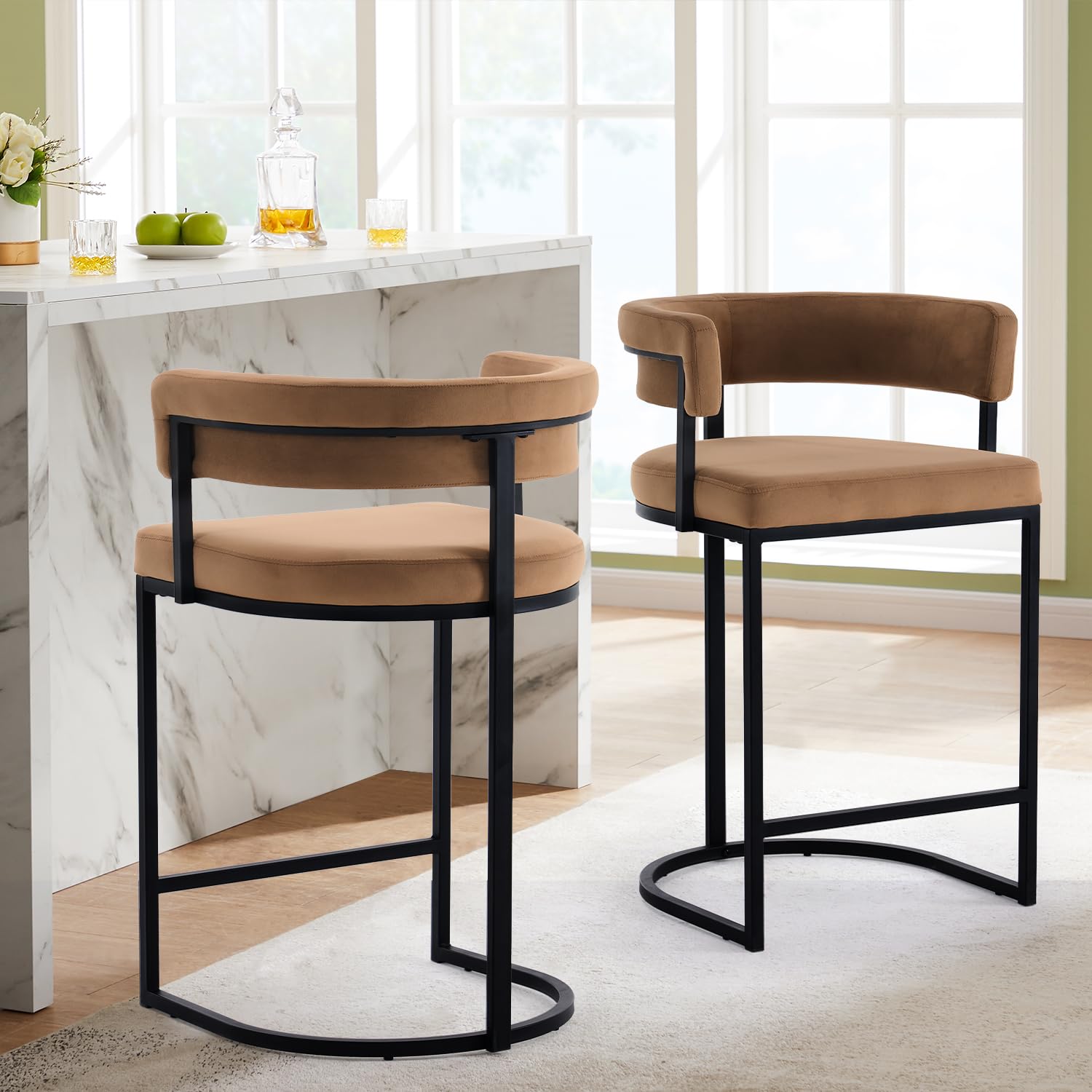 Amazon.com: Rongbuk Set of 2 Brown Modern Velvet Bar Stools with Barrel ...