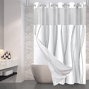 Amazon.com: TWLSNCD No Hook Blue Grey Striped Shower Curtain with Snap in Fabric Liner Set ...