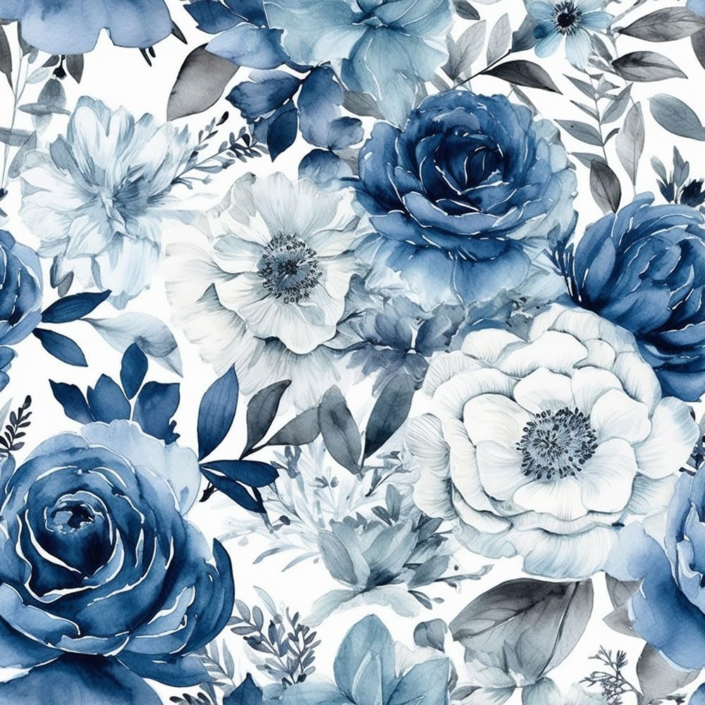 HEISIG 18"x236" Neutral Boho Blue/White Peony Flower Peel and Stick ...