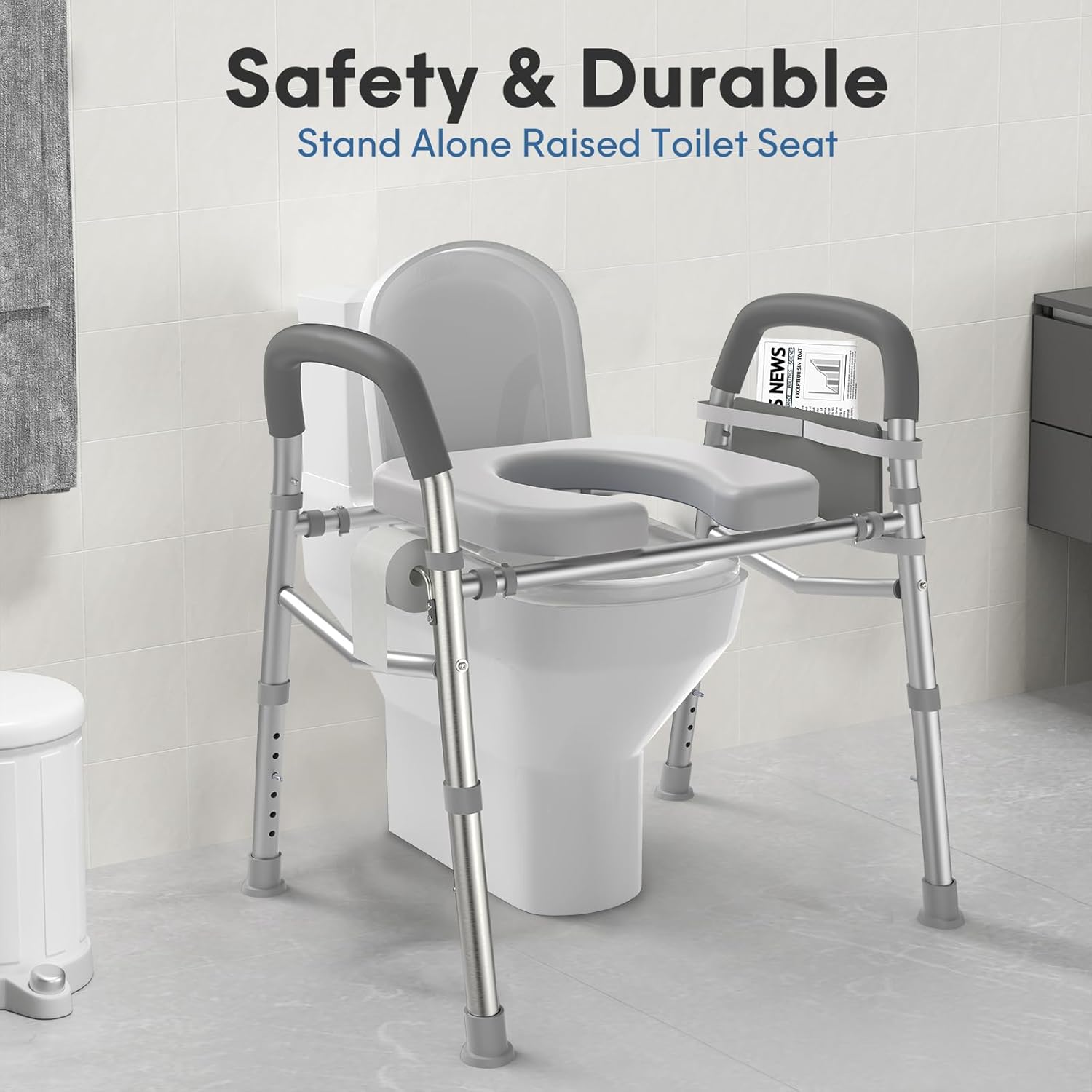 Asiento de inodoro elevado con asas, marco de seguridad médica resistente de 400 libras ...