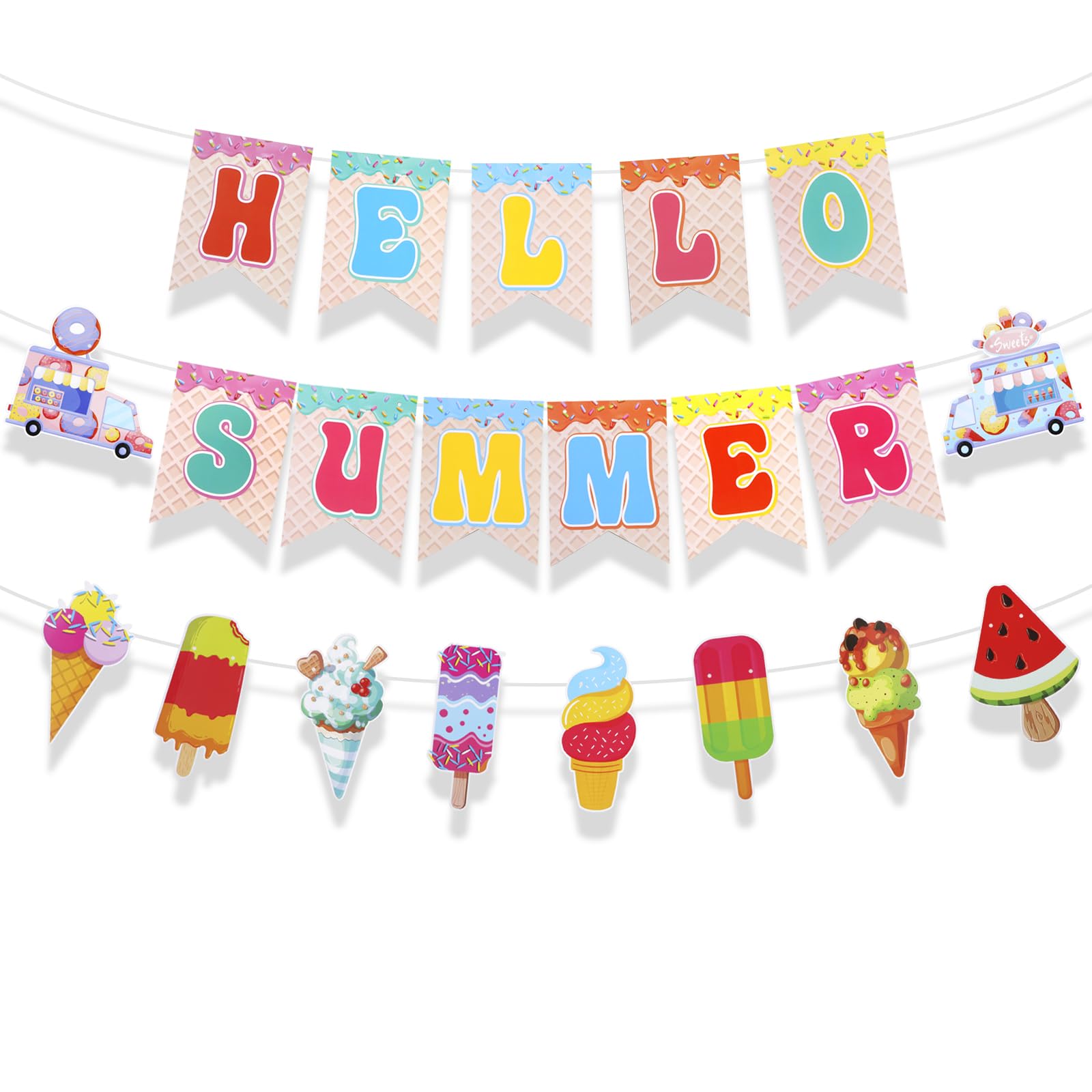 Amazon.com: HOWAF Hello Summer Banner, Colorful Ice Cream Sign Banner ...