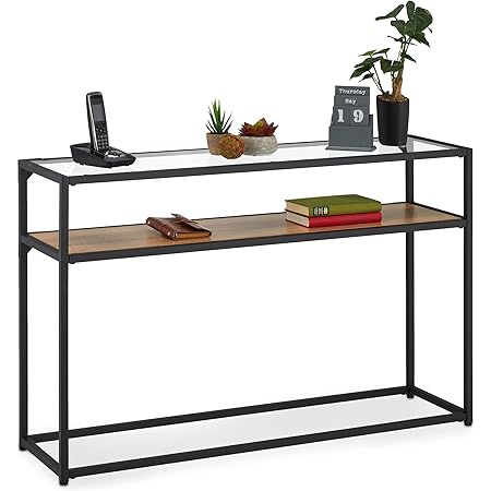 Relaxdays Konsolentisch, 2 Ebenen, Flur & Wohnzimmer, 70x110x30 cm, Metall, Glas, Holzoptik ...