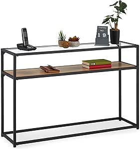Relaxdays Konsolentisch, 2 Ebenen, Flur & Wohnzimmer, 70x110x30 cm, Metall, Glas, Holzoptik ...