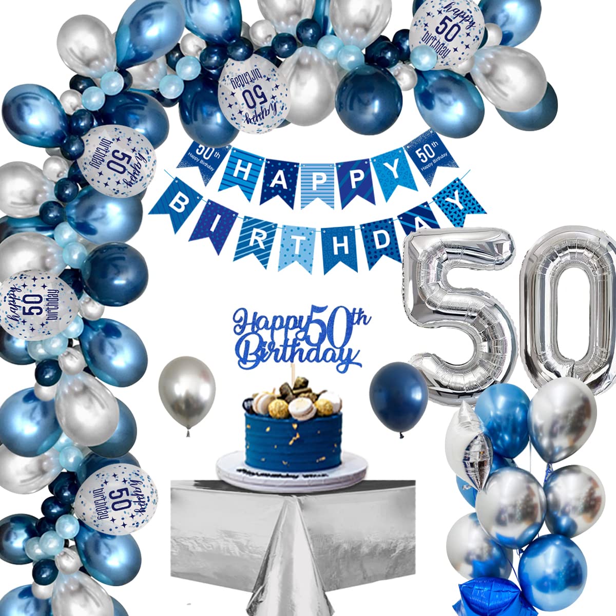 Navy Blue Silver 50th Birthday Decorations Balloons Banner Confetti ...