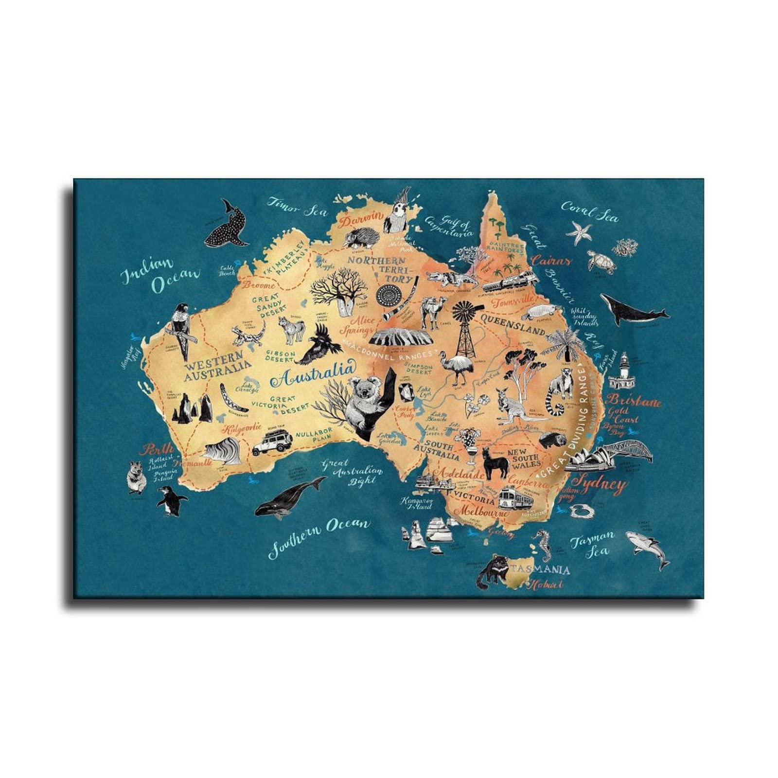Amazon.com: Australia Map, Australian Art Print, Illustrated Map ...