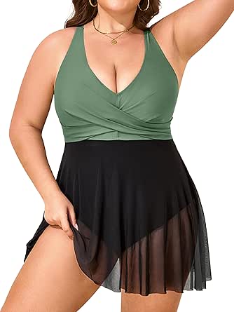 SOTHEA Womens Plus Size Swimsuit One Piece Bathing Suit Tummy Control Flowy Mesh Swim Dress V ...