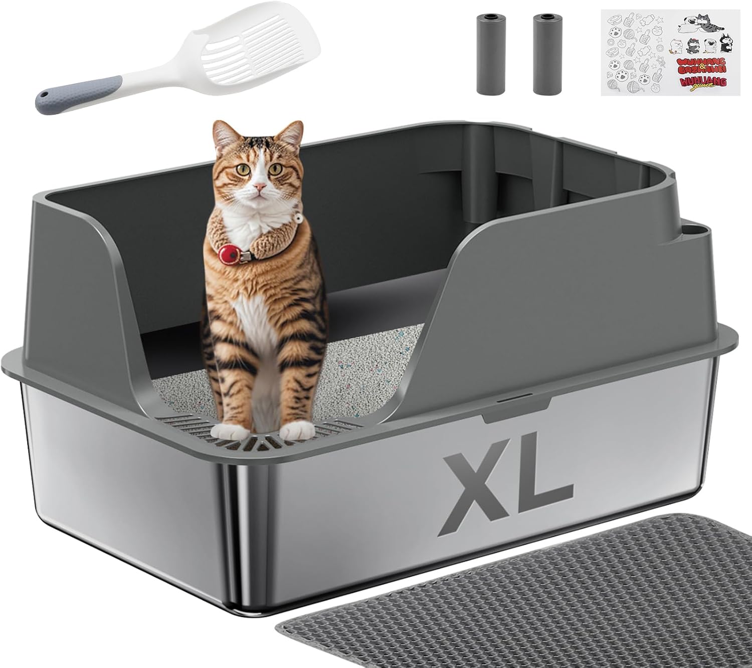 Litière pour chat en acier inoxydable avec couvercle, bac à litière XL ...