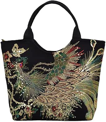 Amazon | [JIANGWEI] キャンバス トートバッグ レディース 刺繍 トートバッグ ハンドバッグ クジャク羽刺繍 A4対応 大容量 ショルダーバッグ エコバッグ ファスナー開閉 ...