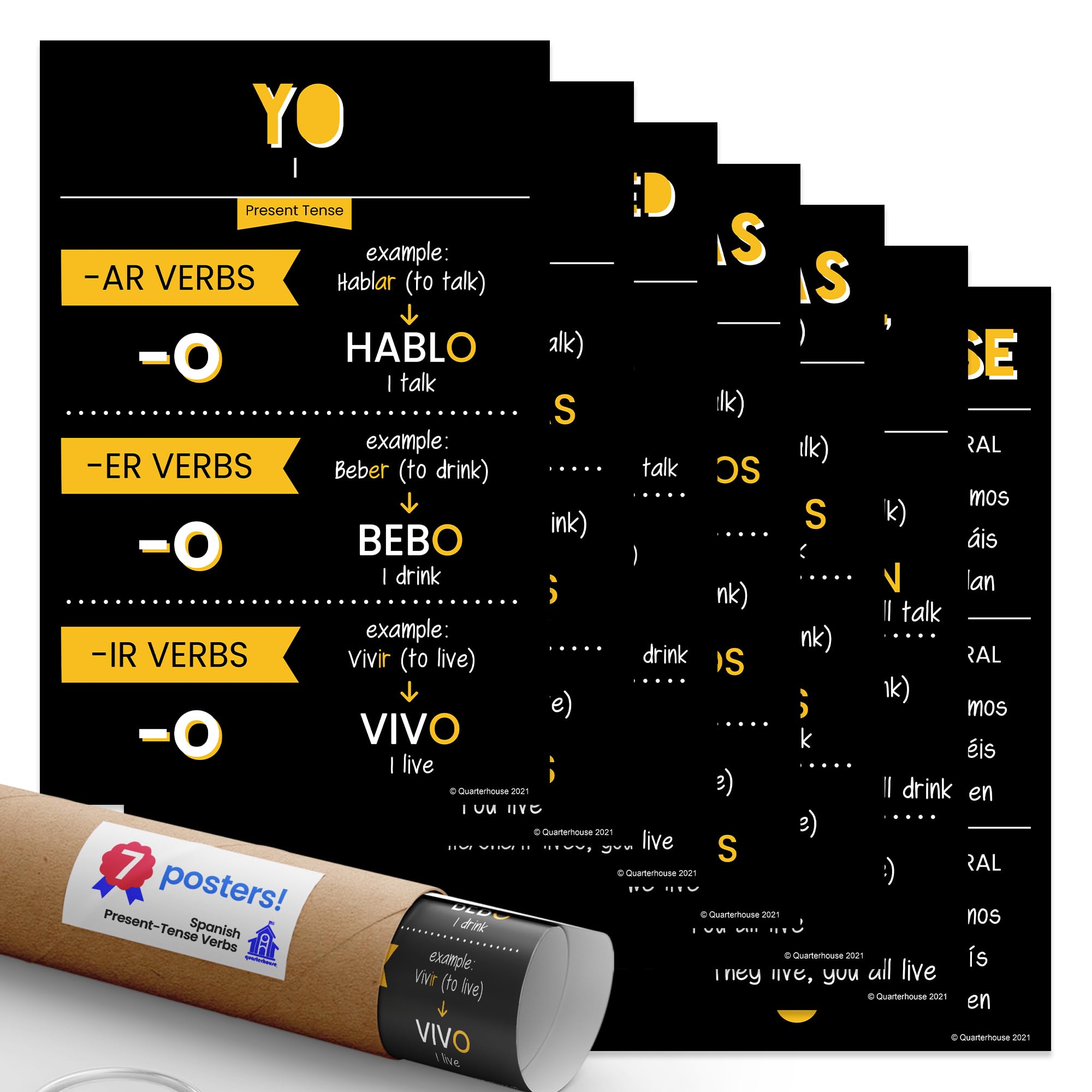 Quarterhouse 7 Poster Spanish Present Tense Verb Conjugations Dark Set ...