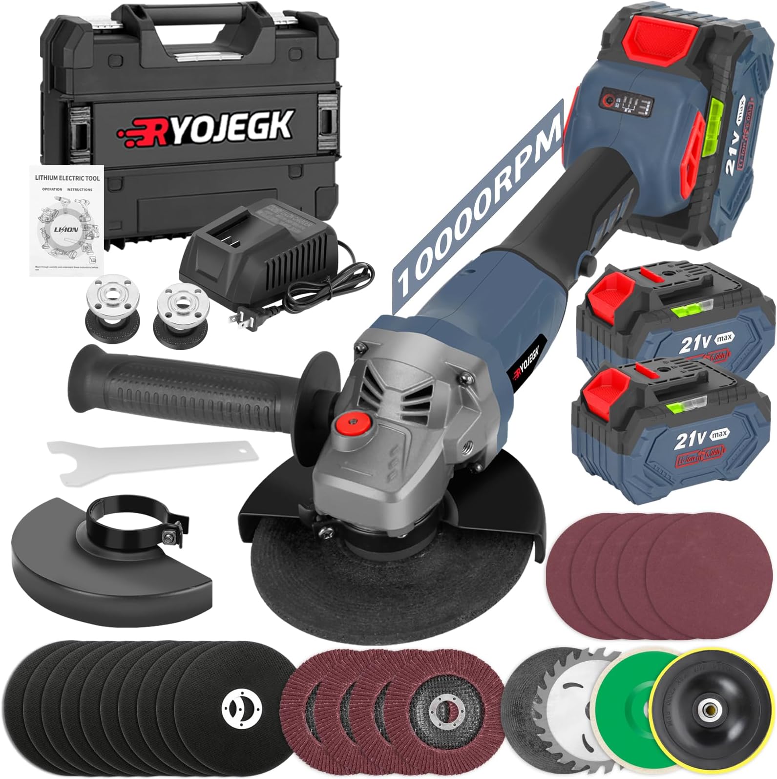 5" Cordless Angle Grinder,2 x 6.0Ah Brushless Power Angle Grinder Tool ...