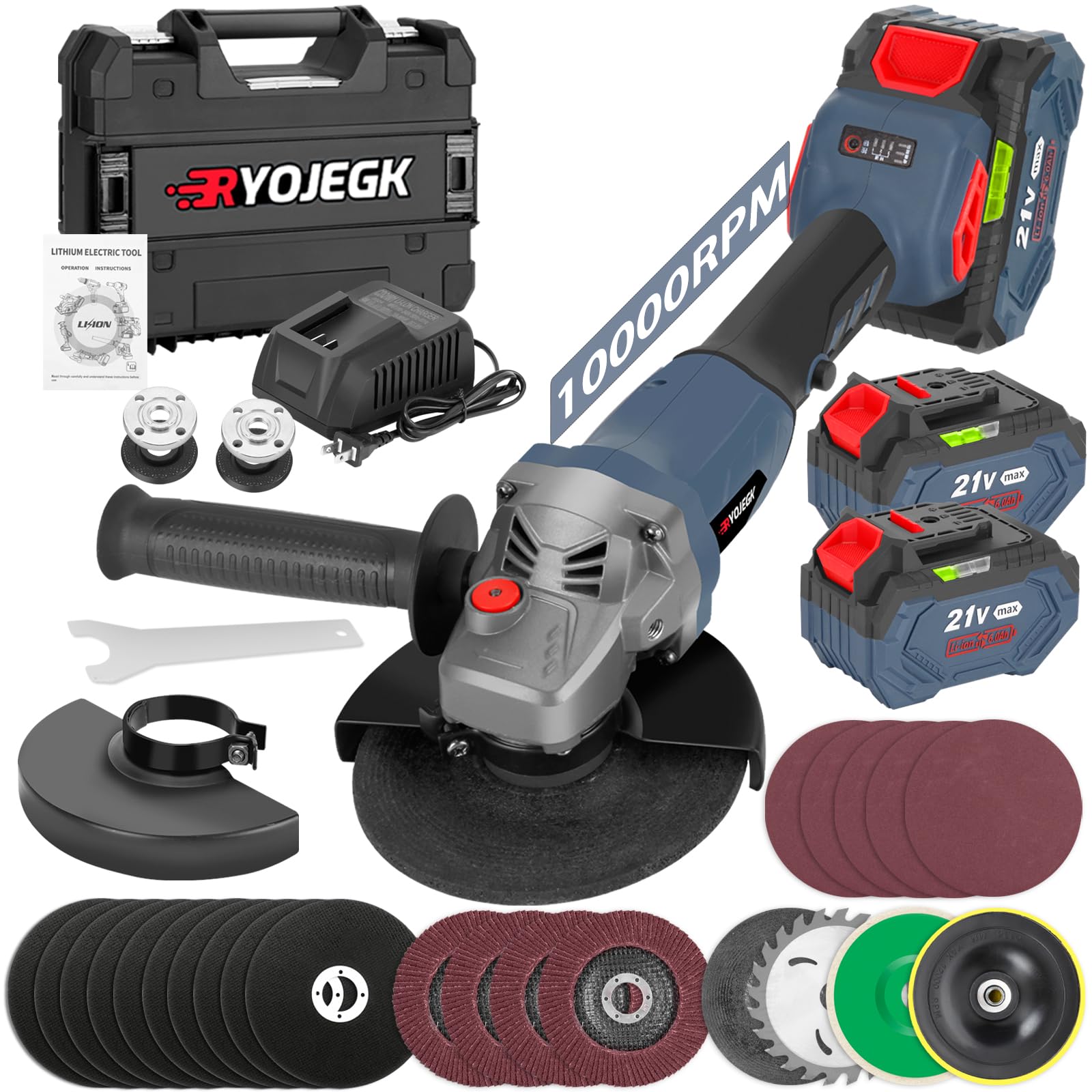 5" Cordless Angle Grinder,2 x 6.0Ah Brushless Power Angle Grinder Tool ...