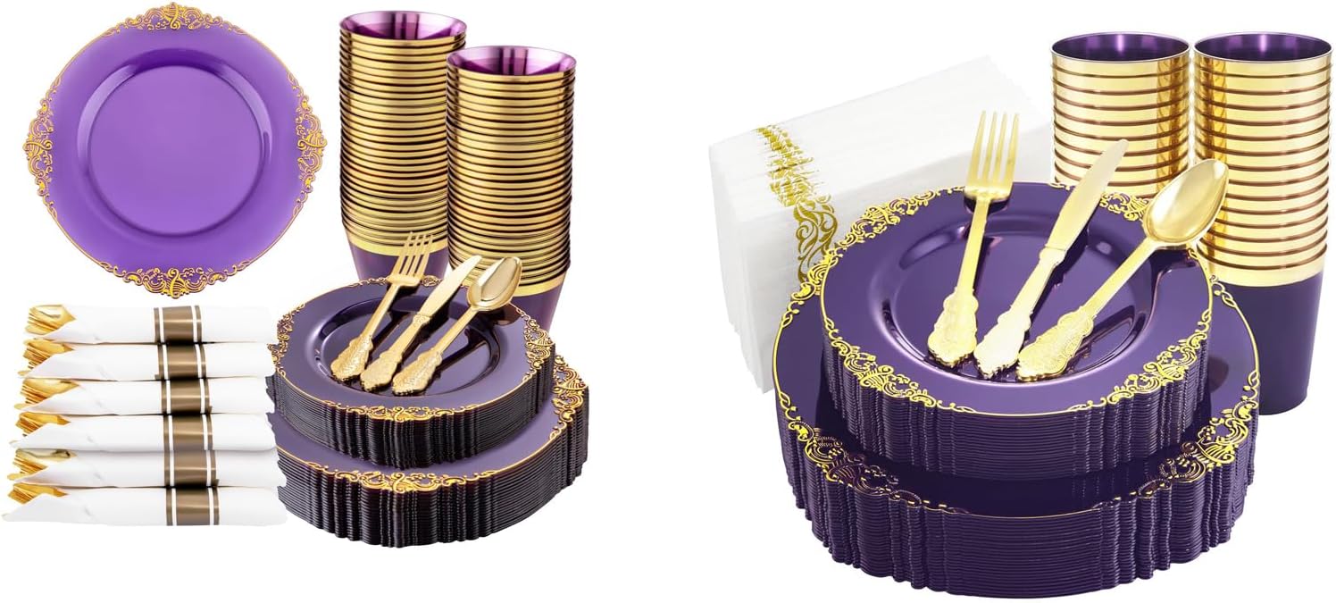 Amazon.com: Nervure 175PCS Purple and Gold Plastic Plates & Pre Rolled ...