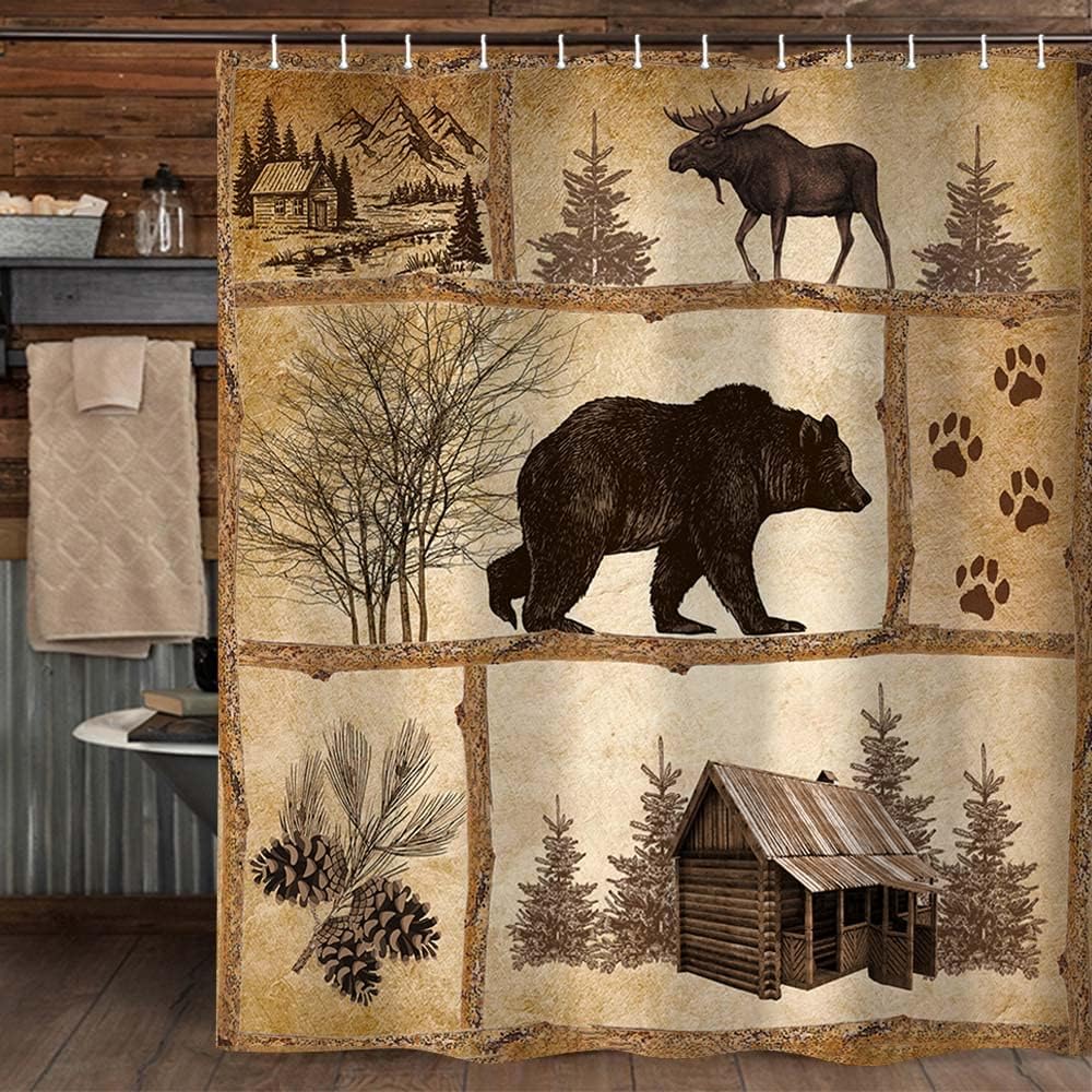 Amazon.com: VeiVian Rustic Farmhouse Shower Curtain, Bear Moose Lodge ...