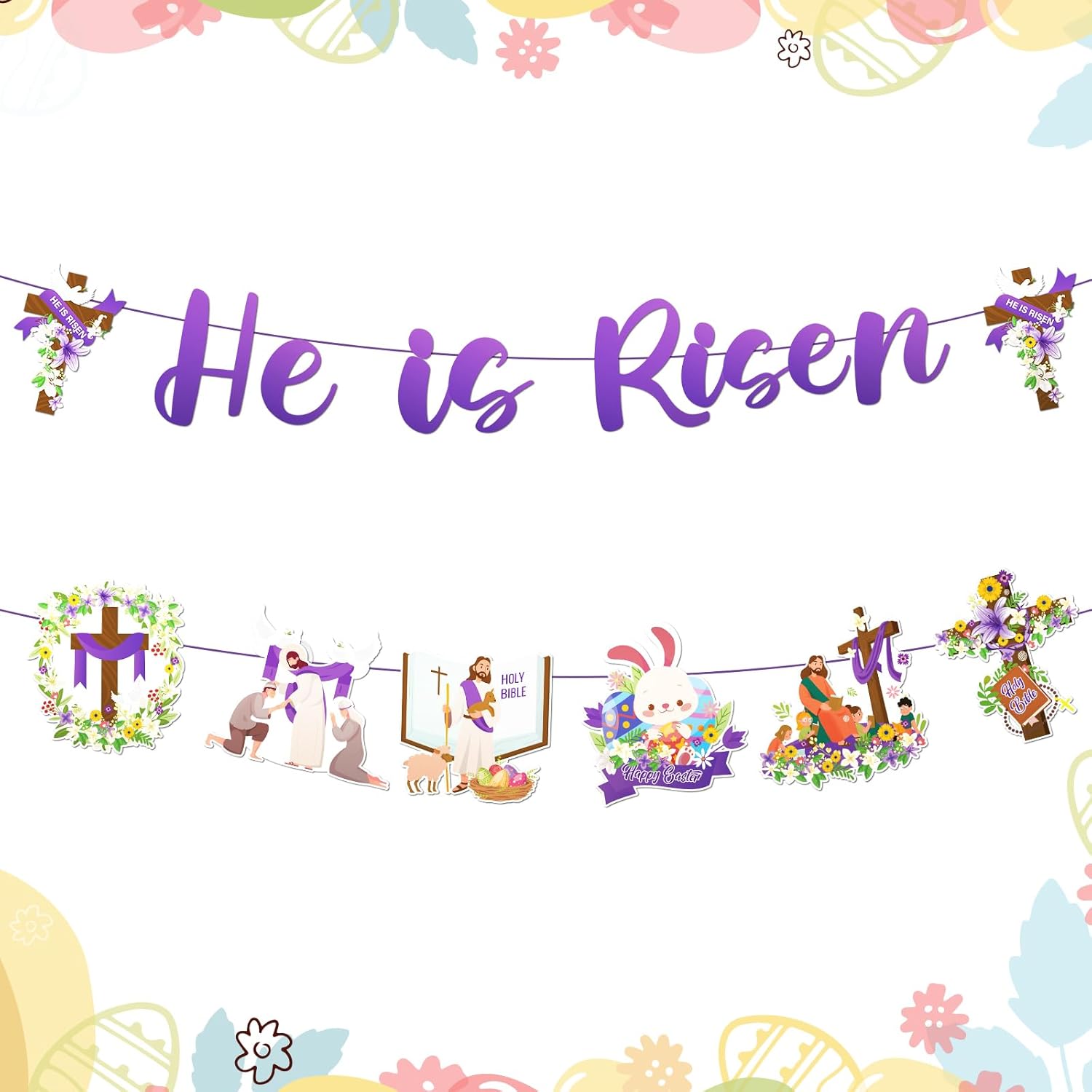 Amazon.com: 2PCS He is Risen Banner Purple Easter Bunny Garland Hanging ...
