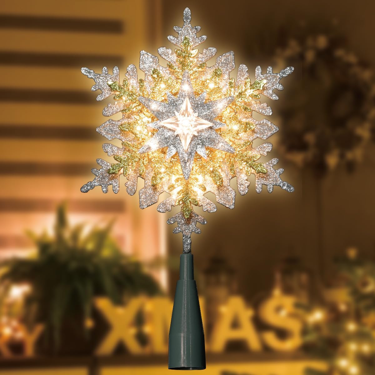 Amazon.com: LAMPHOME 10" 20L Lighted Gold/Silver Stacked Snowflake Tree ...