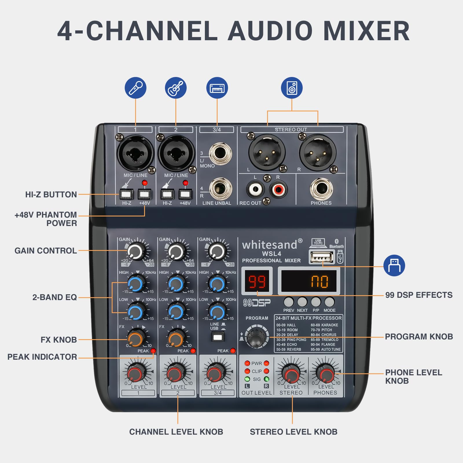 Snapklik.com : 4-Channel Audio Mixer, Whitesand Compact DJ Mixer Audio
