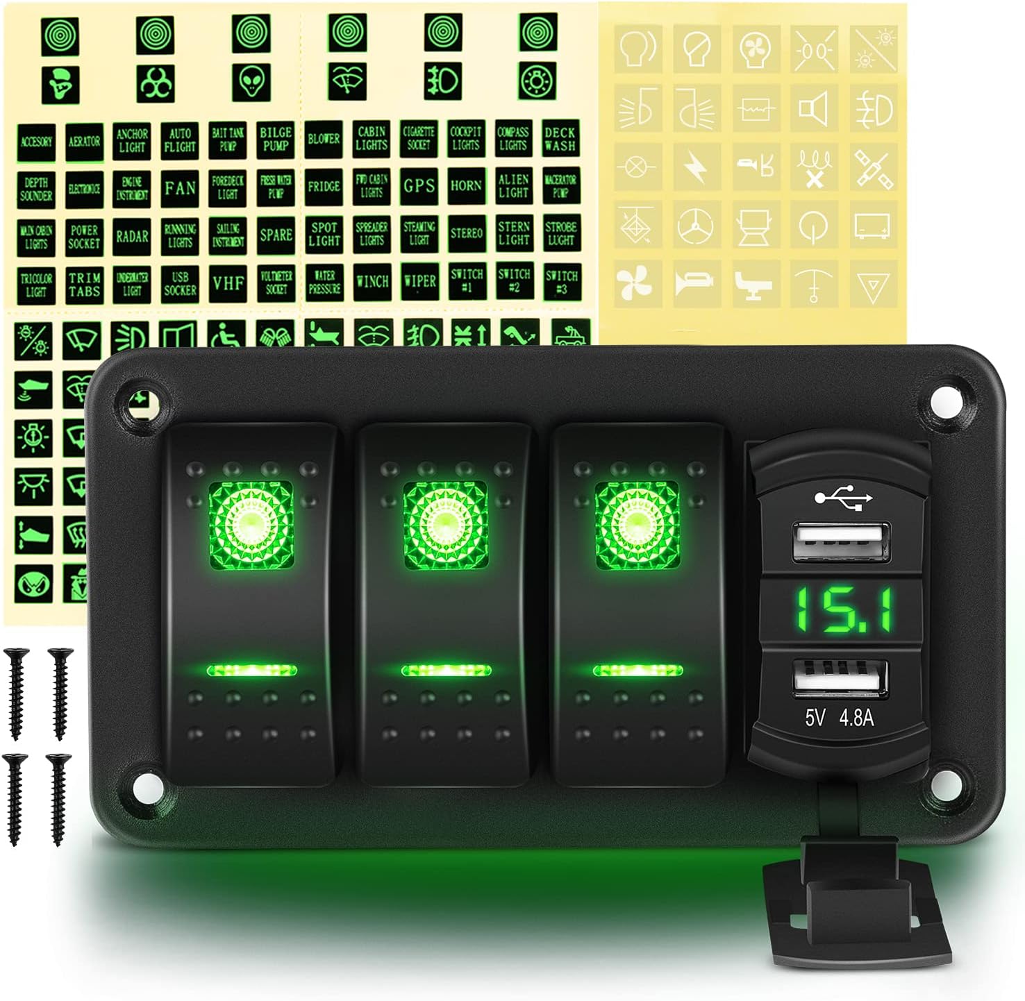 Amazon.com: GOOACC 3 Gang Rocker Switch Panel Green Backlit with 4.8 ...