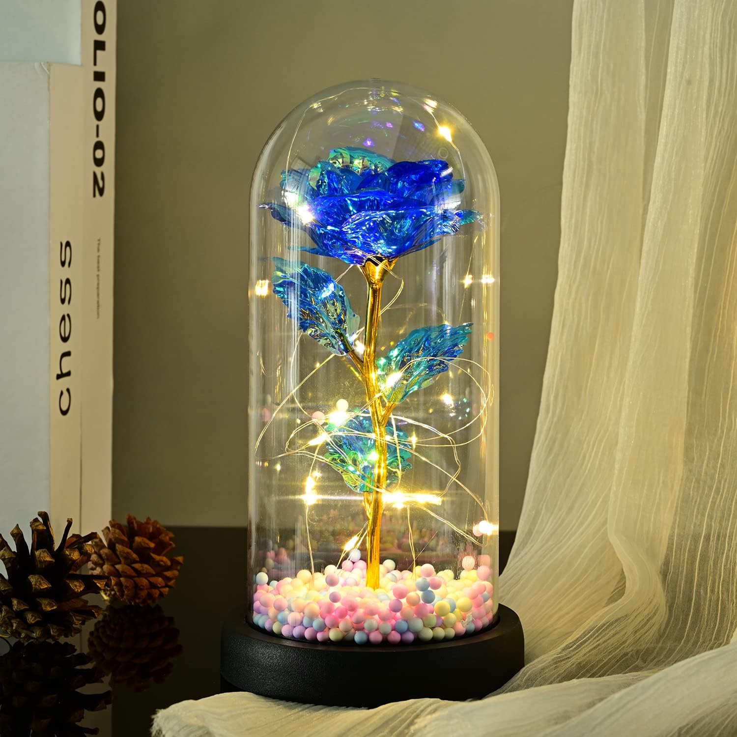 XIERBASI Kit de Rosas Flores Conservadas en Cúpula de Cristal con Luces LED - Bella y Bestia ...