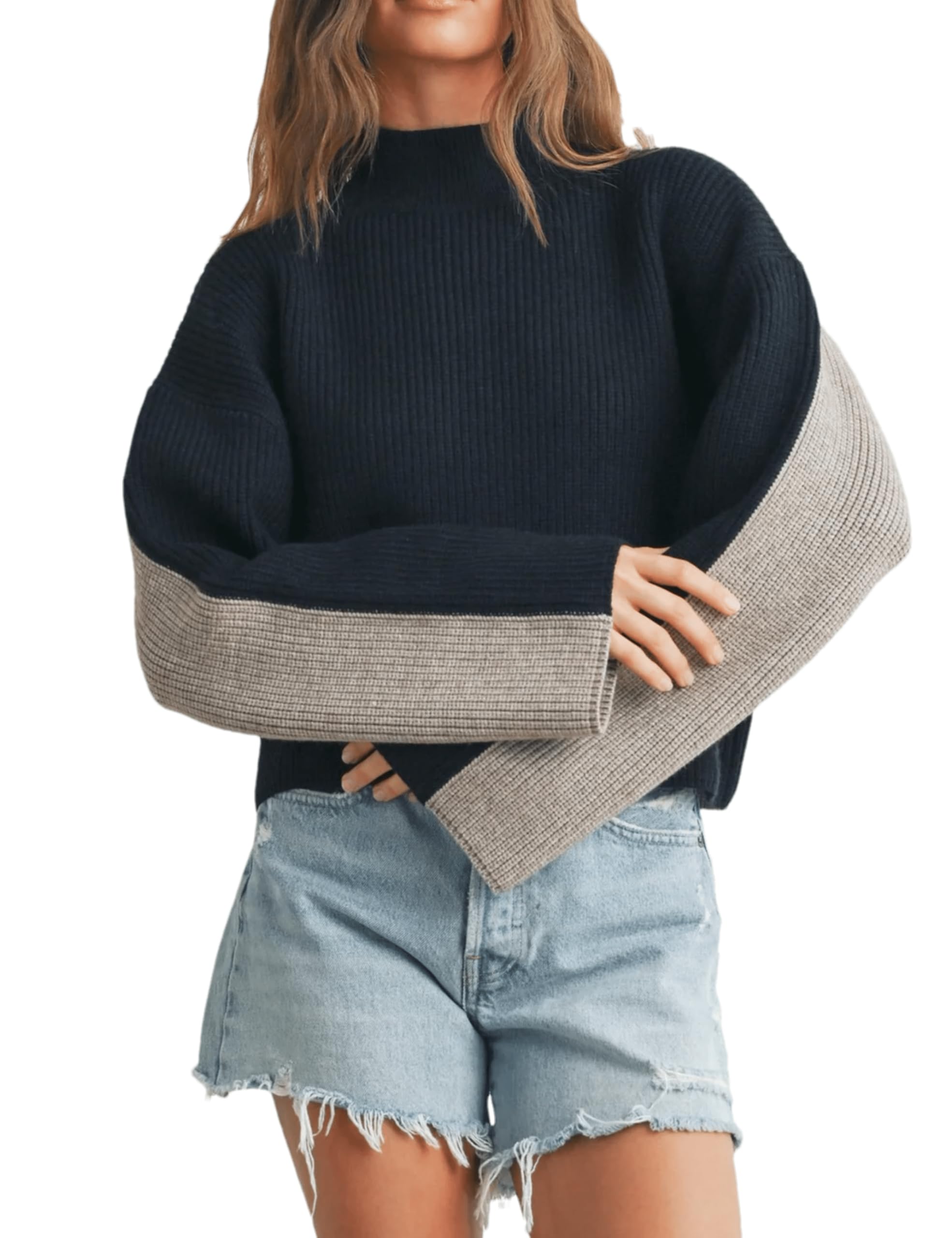 Snapklik.com : Ynhonra Womens Fall Mock Neck Sweater Two Tone Contrast ...
