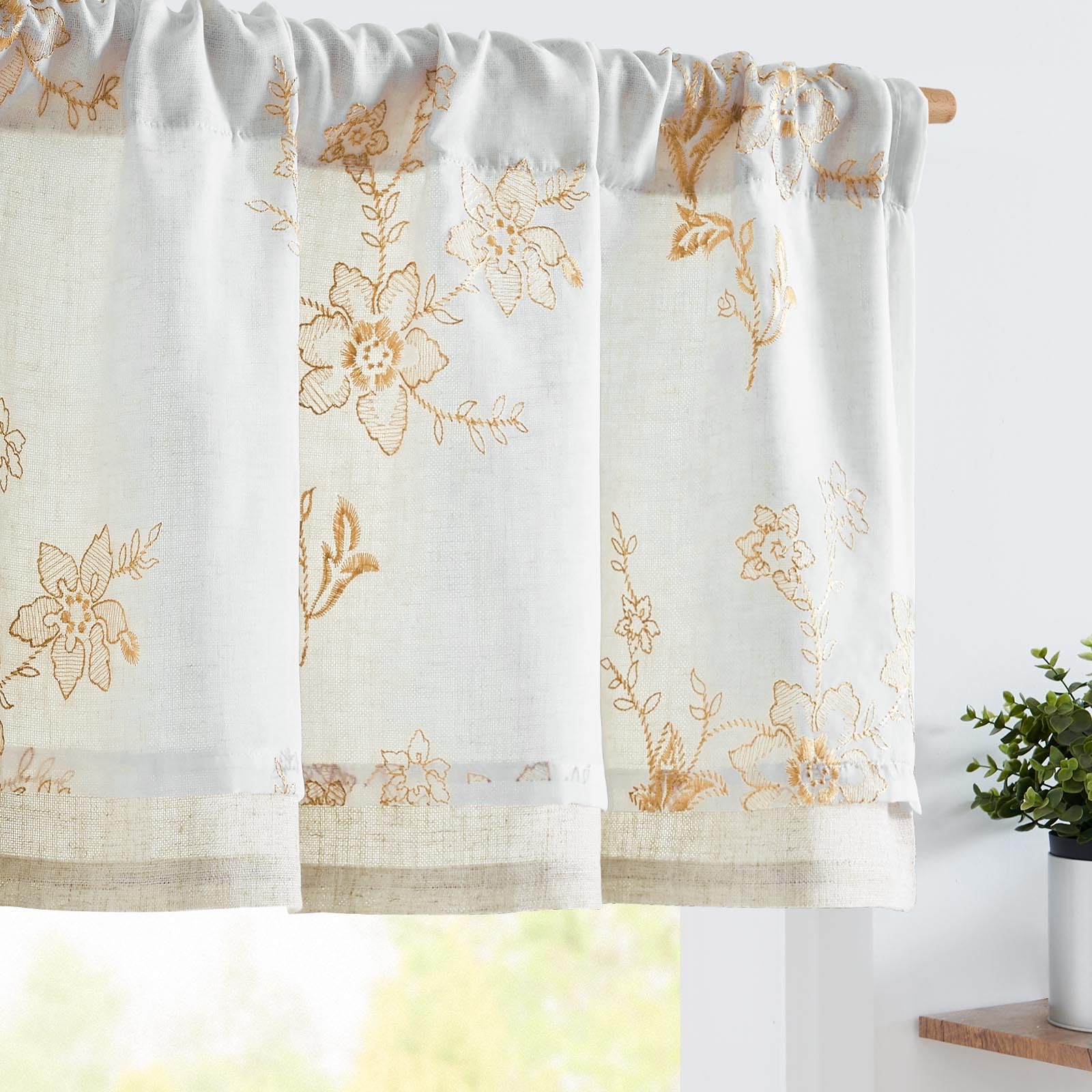 Amazon.com: JINCHAN Gold Floral Valance White Embroidered Kitchen ...