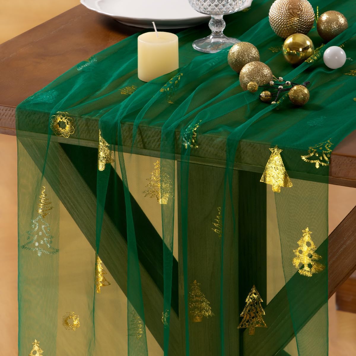 Amazon.com: Socomi Christmas Tree Table Runner Gold Gauze Sheer Chiffon ...