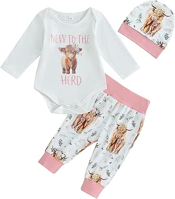 Amazon.com: Geogenry Newborn Baby Boy Girl Clothes Highland Cow Print Romper Bodysuit + Pants ...