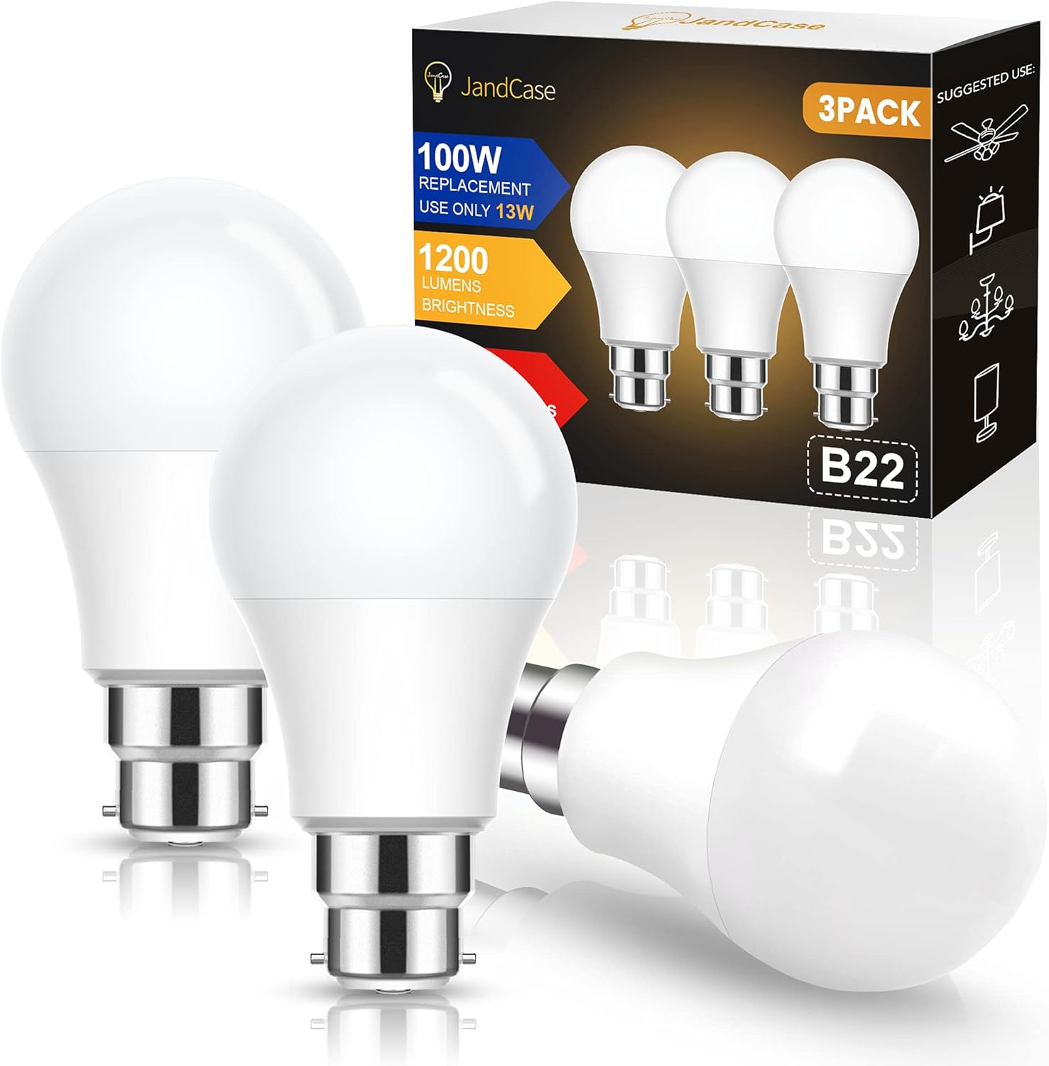 B22 Bayonet LED Light Bulb 100W Equivalent, JandCase 13W A60 Light Bulb ...