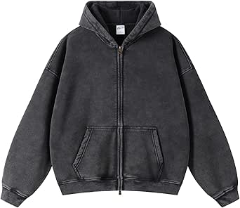 KEEPSHOWING Men's Vintage Acid Wash Zip Up Oversized Hoodi Cotton ...