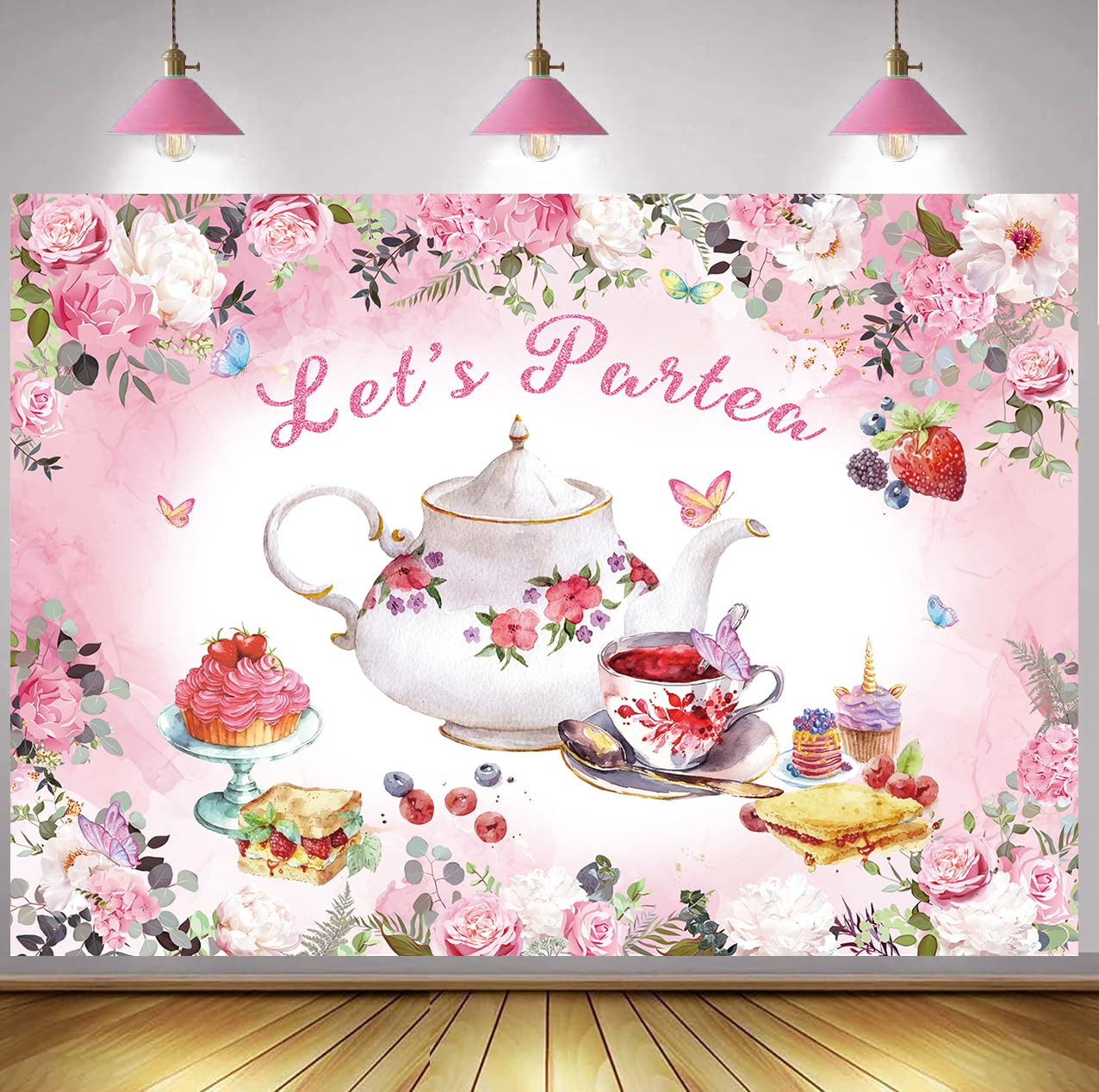 Amazon.com : Let's Partea Tea Backdrop Pink Floral Tea Party ...