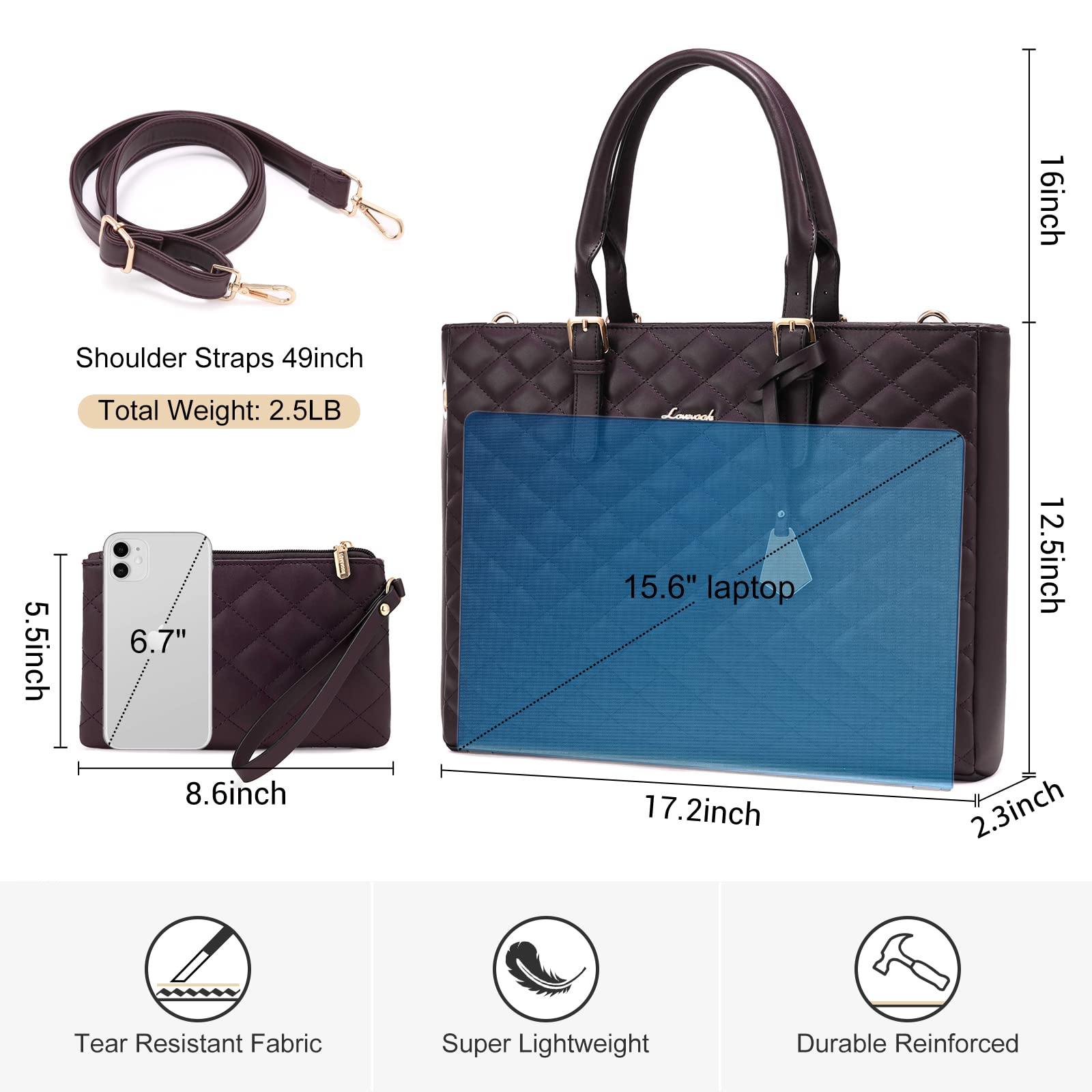 LOVEVOOK Laptop Bag for Women, Work Tote Bag Quilted Leather Computer ...