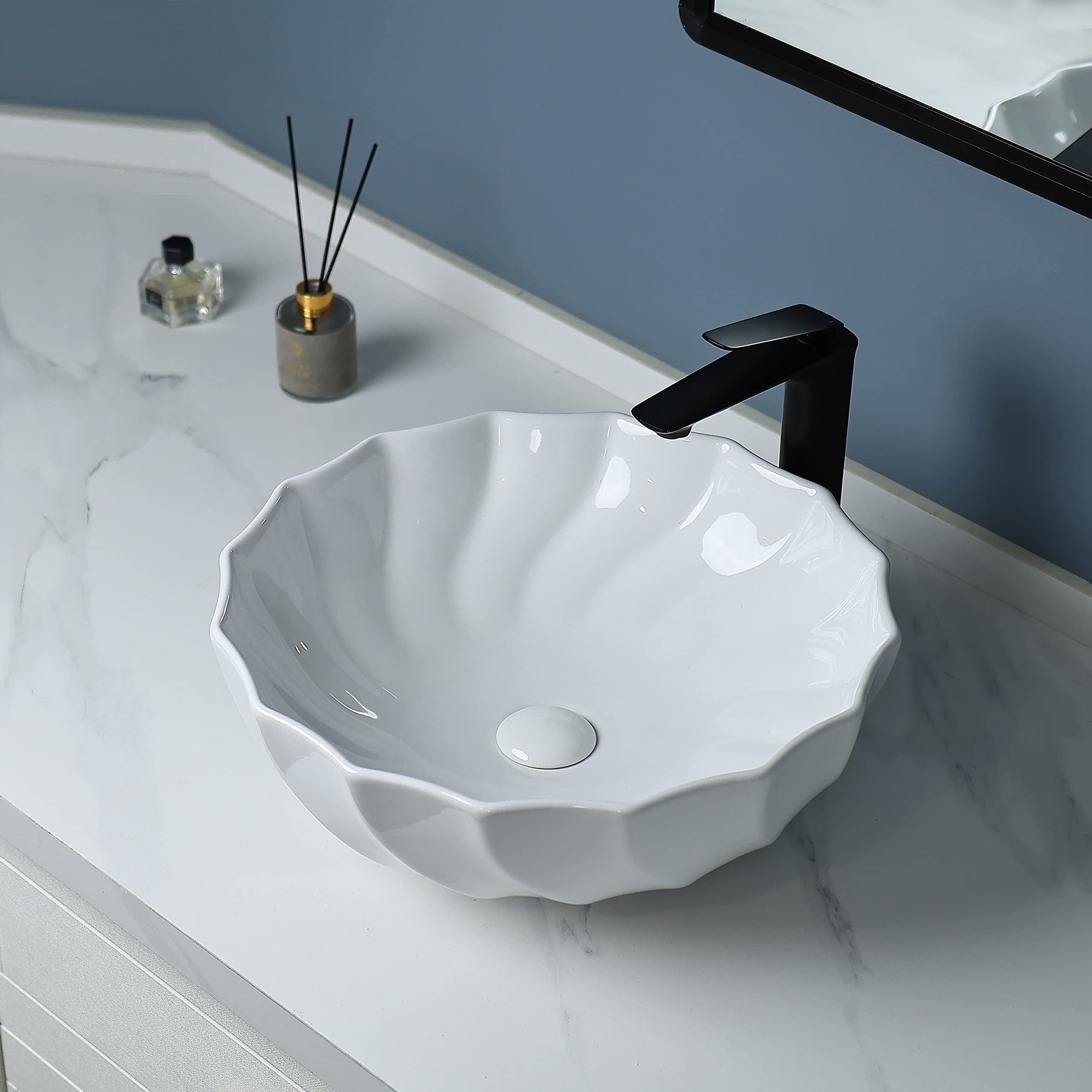 bathivy Round Bathroom Vessel Sink White Petal Above Counter Porcelain ...