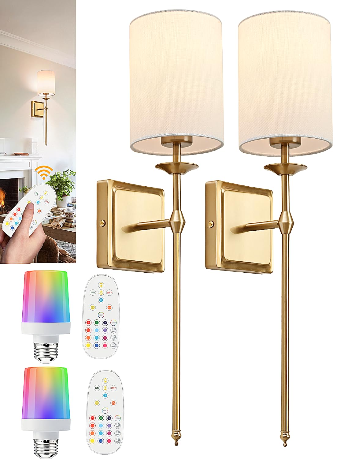 Battery Operated Wall Sconces Set of 2 Two Wireless Sconces Brass Gold ...