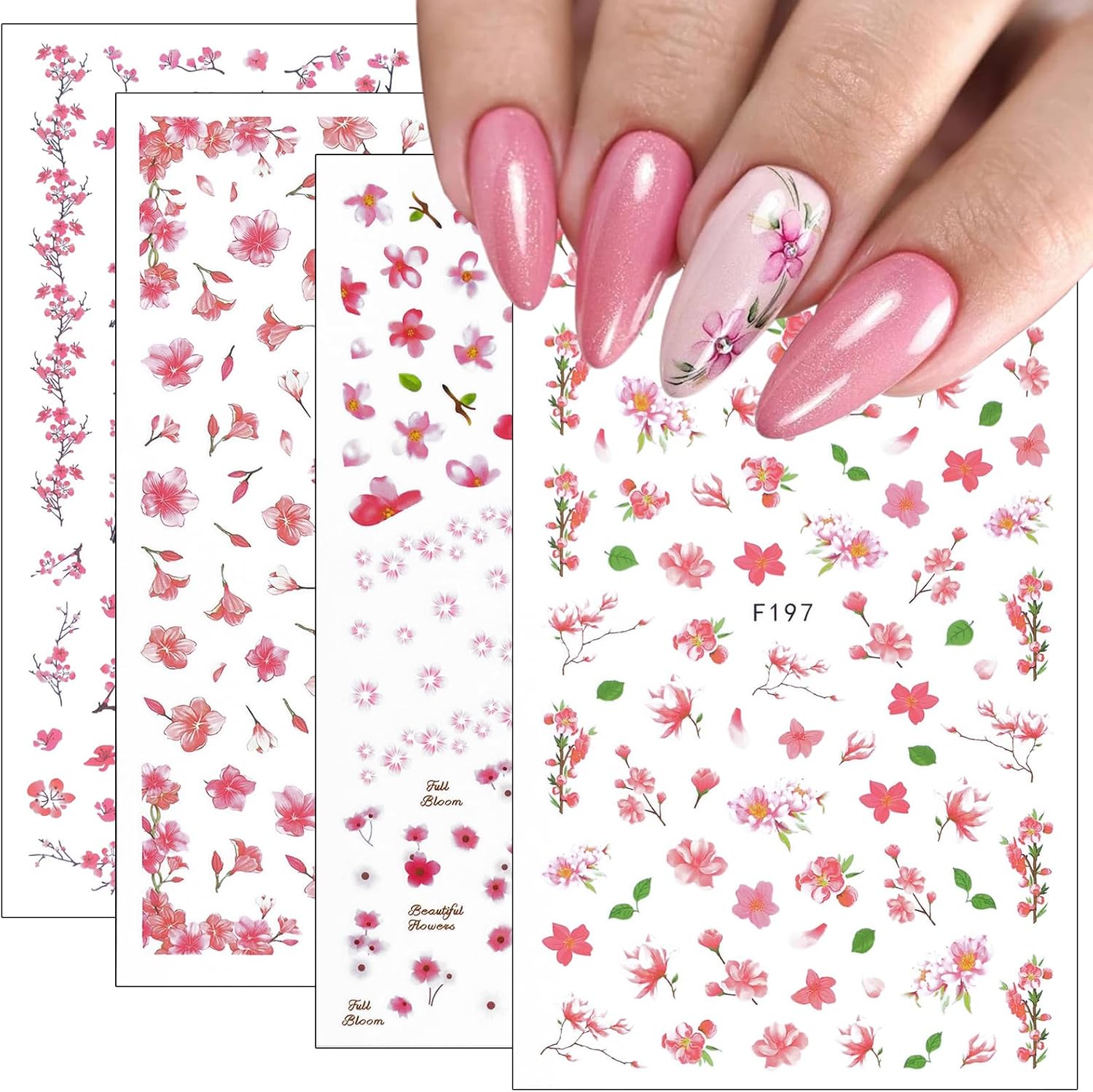 Amazon.com: Bellelfin 4 Sheets Flower Nail Stickers, Summer Pink Cherry ...