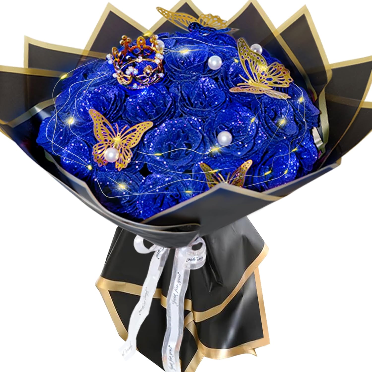 Amazon.com: suryushi Blue Glitter Roses Bouquet, 24 Pcs Shiny Glitter ...