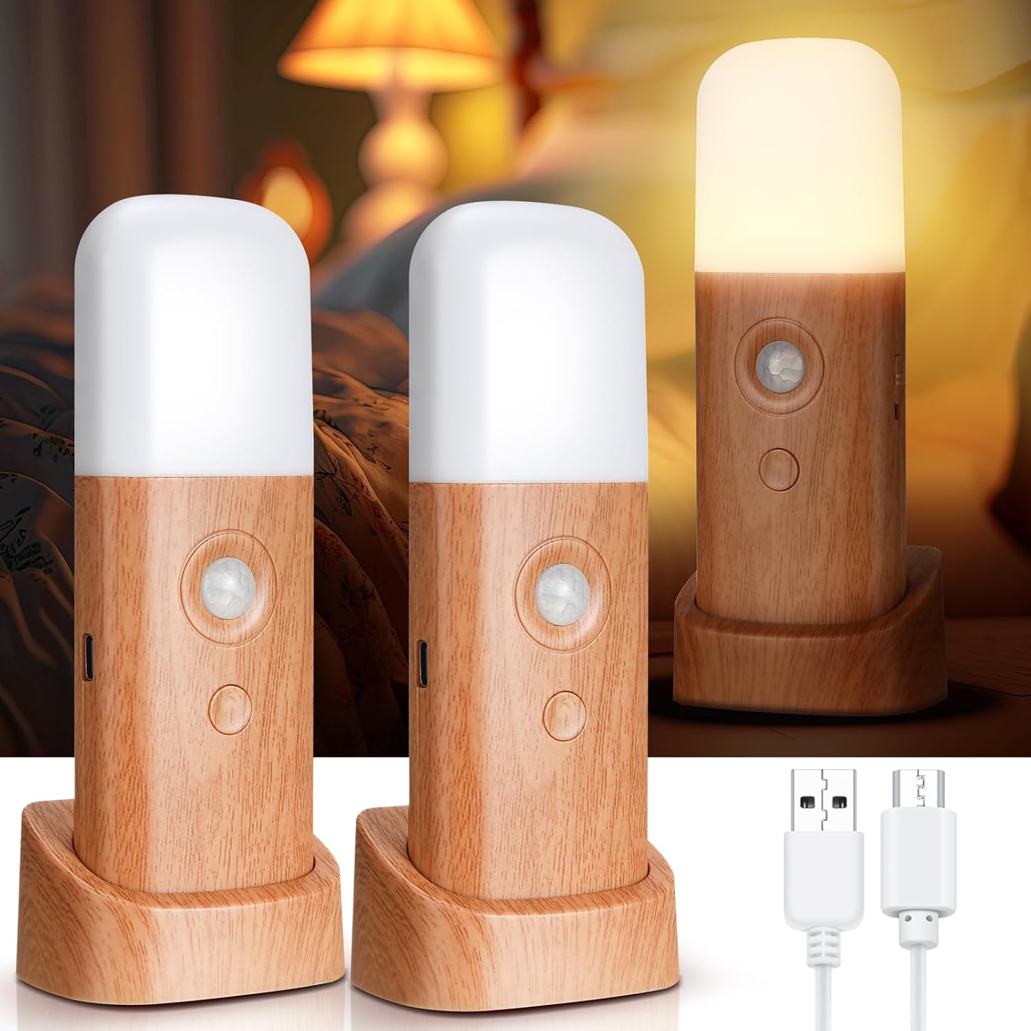 Kittmip 2 Pcs Motion Sensor Night Light Wood Style Rechargeable Night ...