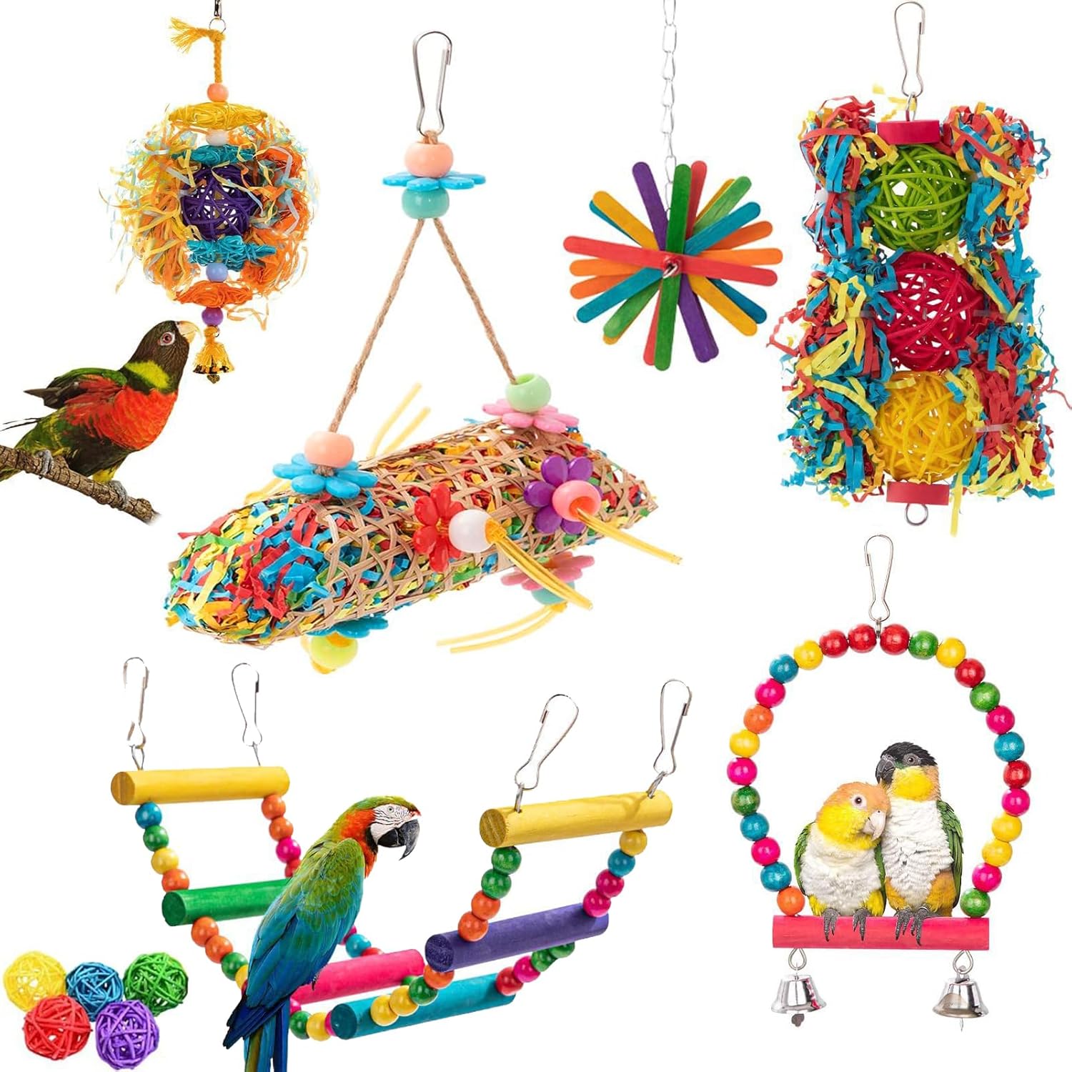 Bird Toys,11PCS Parakeet Cockatiel Toys,Swing Hanging Standing Chewing ...