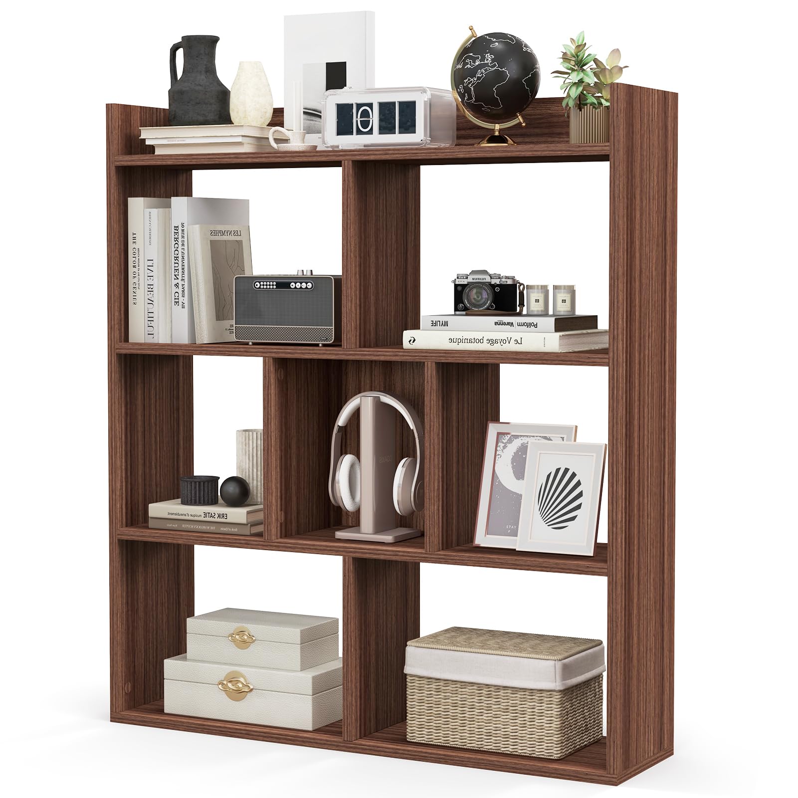 SFAREST 7-Cube Open Bookshelf, Wooden Bookcase Storage Unit with 2 Anti ...