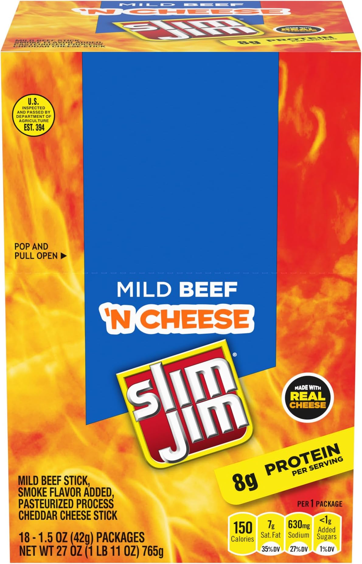 Amazon.com: Slim Jim Beef 'N Cheese Smoked Meat Sticks, Mild Flavor, 8g ...