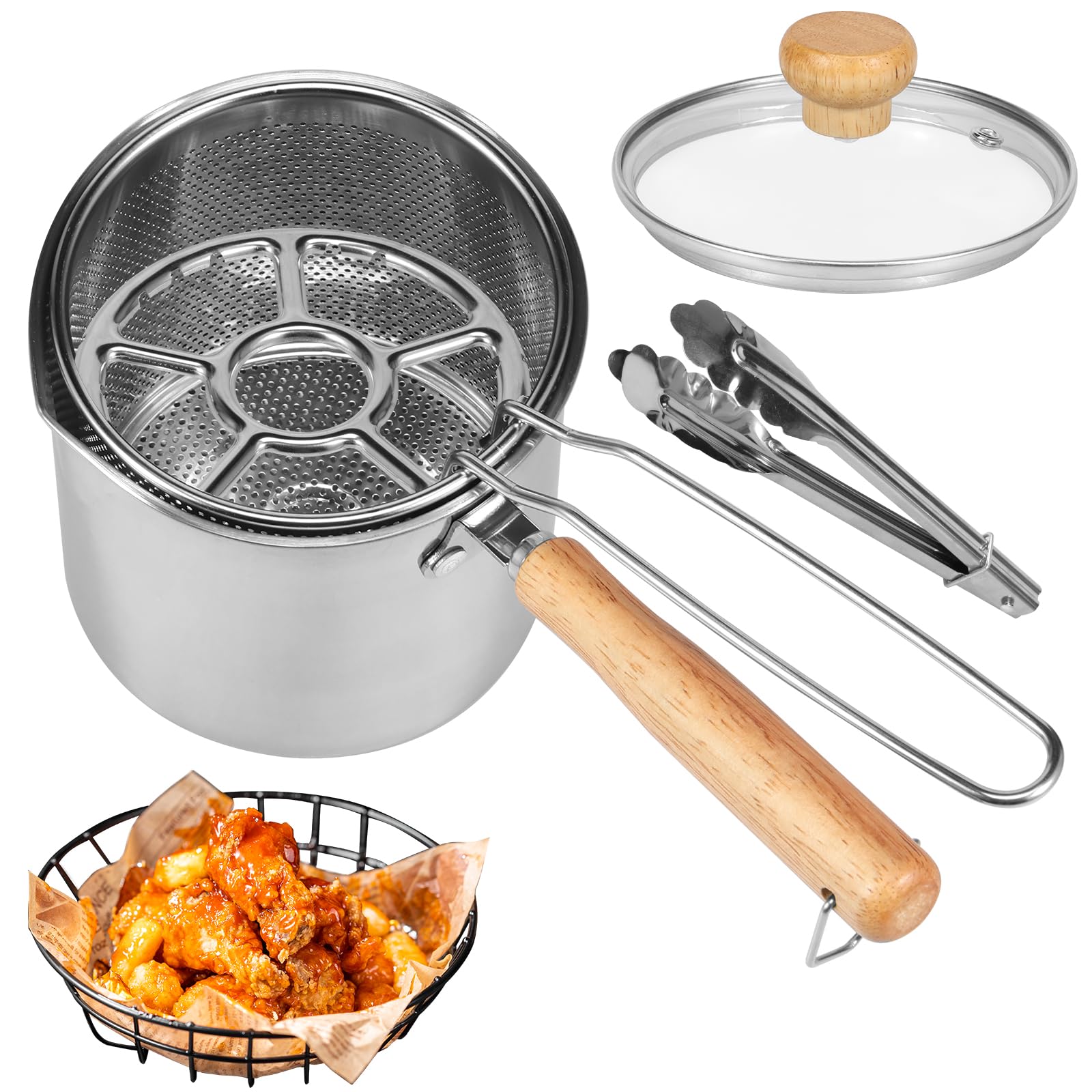 Deep Fryer Pot with Strainer Basket & Clear Lid & Food Tongs & Hob Rack ...
