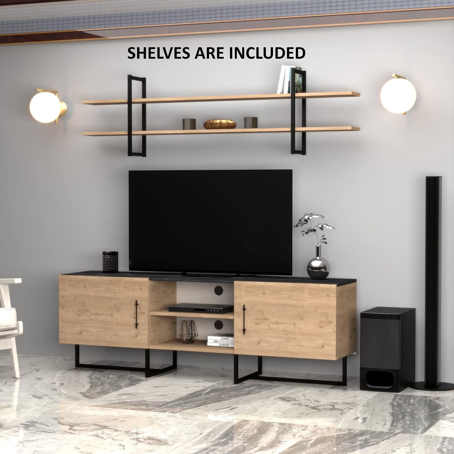 Amazon.com: Artsy TV Stand with Wall Hang Upper Shelves, TV Console, Tv ...