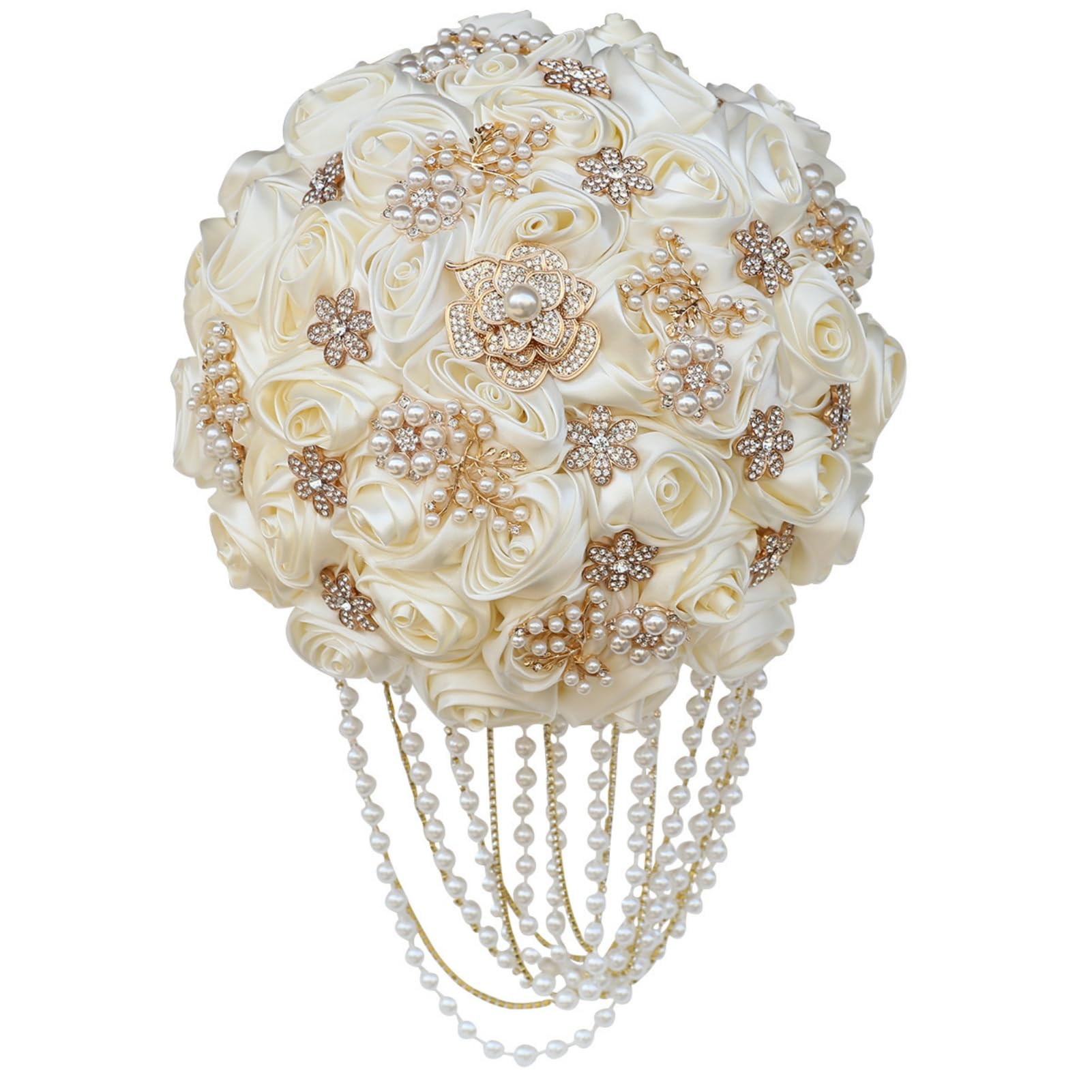 Amazon.com: Gkvszy Ivory Wedding Bouquet with Rhinestone Brooch Pearl ...