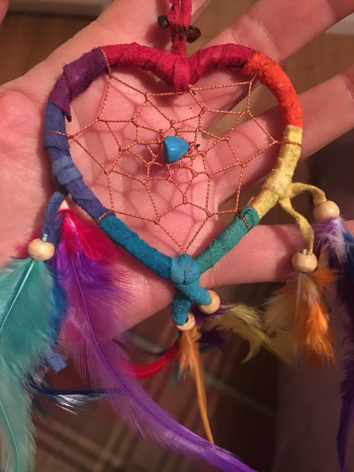 Small Pretty Heart Shape Dream Catcher Colourful Rainbow Feather ...